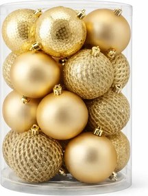 Sada vánočních ozdob zlatá 8 cm plastové baňky, 4× vrásková, 4× matná, 4× glitter, balení 16 ks