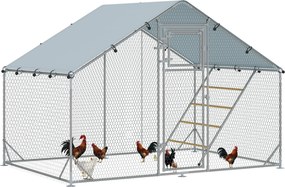 PawHut Výběh pro Slepice se Střechou, Ocelový Kurník 6 m² pro 6–8 Slepic, UV a Voděodolný 420D Kryt, Krmná Dvířka, Závěsné Krmítko a Bidýlka, 3 × 2 ×