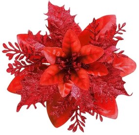 Flamenco Mystique Květina na vánoční stromek s klipem vánoce xxl 14 cm červený třpyt woz04cze.