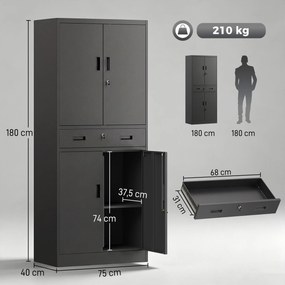 HOMCOM Kovová skříň 180 cm, skříň na nářadí s uzamykatelnými dveřmi, zásuvkou a nastavitelnými policemi, černá