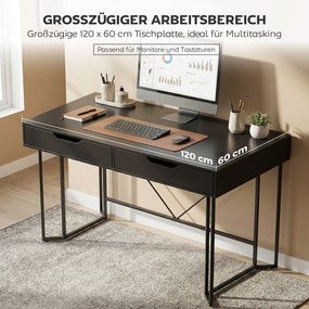 HOMCOM psací stůl s 2 zásuvkami, moderní design s kovovým rámem pro domácí kancelář a ložnici — 120 x 60 x 77 cm, černý