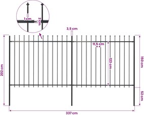 Zahradní plot s kopím nahoře ocelový 337 x 150 cm černý 277630