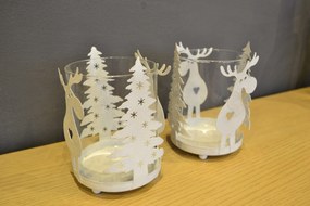 Plechový vánoční svícen sobi a stromečky 10x8,5cm bílý