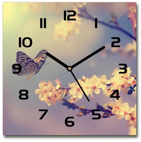 Wallmuralia Skleněné hodiny čtverec Květ višně a motýl 30x30 cm