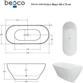 Besco Moya volně stojící vana 160 x 68 cm s černým sifonem bílá matná VANMOYA160BCM