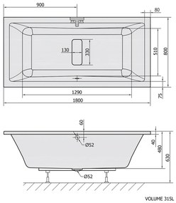 Polysan MARLENE obdélníková vana s konstrukcí 180x80x48cm, bílá, 72043