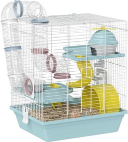 PawHut 3patrová klec pro křečky s kolem, tunely, úkrytem a miskou — pro zakrslé křečky a pískomily, 34,5 × 27,5 × 41 cm, modrá