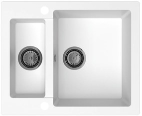 Sink Quality Ferrum, kuchyňský granitový dřez 605x495x210 mm + černý sifon, bílá, SKQ-FER.W.5KBO.XB