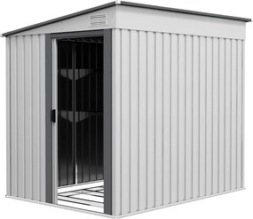 Zahradní kůlna Outsunny ze železa 1,5x2m se základem, se skládacími dveřmi, šikmou střechou, policemi, háčky a větracími otvory, bílá | Aosom