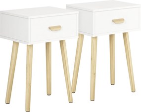 HOMCOM Sada 2 Nočních Stolků se Zásuvkou a Dřevěnými Nohami pro Ložnici, Obývací Pokoj nebo Kancelář, Moderní Styl 40,5x30,5x60 cm Bílá | Aosom