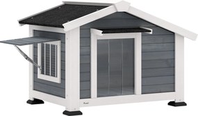 Dřevěná bouda pro psy odolná proti povětrnostním vlivům s odnímatelnou podlahou asfaltová střecha otevírací okno 98x76x69,5 cm šedá
