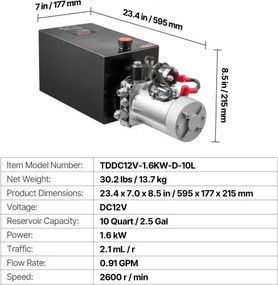 Hydraulický agregát 10 l, Maximální přetlak 22 MPa a průtok 3,4 l/min VEVOR