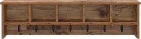 věšák, nástěnný, 5 poliček, háčky, kompozitní dřevo, 26x100x16 cm, staré dřevo, Dekorino TK20260022