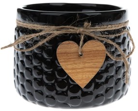 Keramický obal na květináč Wood heart černá, 8 x 11 cm