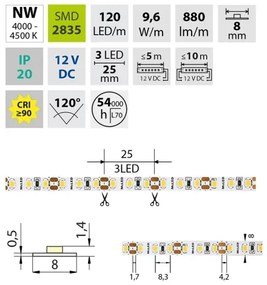 LED pásek McLED 12V neutrální bílá CRI90 š=8mm IP20 9,6W/m 120LED/m SMD2835 ML-121.839.60.2