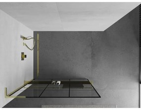 Mexen Kioto+ L, sprchová zástěna Walk-In s poličkou a věšákem 100 x 200 cm, 8mm čiré sklo černý vzor, ​​zlatý lesklý profil, 800-100-123-50-77
