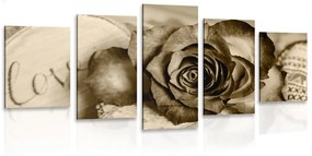 5-dílný obraz růže v sépiovém provedení Love - 200x100