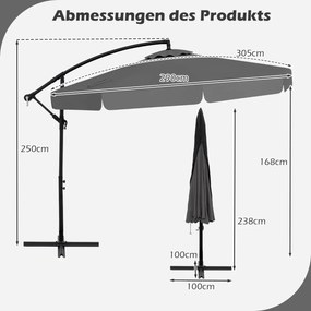 Costway Slunečník 300 cm včetně ochranného krytu s klikou a volánem, šedá