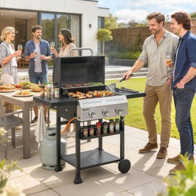 Outsunny Plynový gril 9 KW 3 hořáky BBQ grilovací vozík z nerezové oceli včetně skládacího bočního stolku držák na koření spodní police 6 háčků
