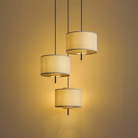 Japandi závěsná lampa černá s bílými lněnými stínidly, 3 světla - Rieu