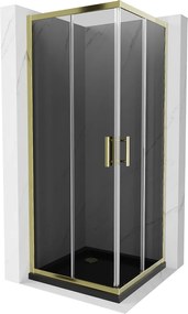 Mexen Rio, čtvercový sprchový kout s posuvnými dveřmi 90 (dveře) x 90 (dveře) x 190 cm, 5mm šedé sklo, zlatý profil + černá sprchová vanička SLIM, 860-090-090-50-40-4070G