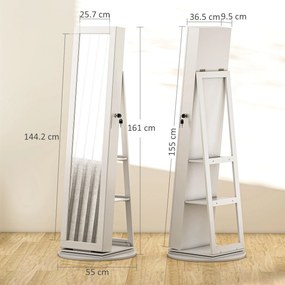 HOMCOM 360° Rotující Šperkovnice se Zrcadlem, Šperkovnice se Zámkem, Celoplošné Zrcadlo se 3 Policemi na Zadní Straně a 2 Šuplíky, 55x55x161 cm, Bílá