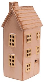 Vánoční dekorace s LED světlem hnědý porcelánový domeček s dvířky a vlnitou střechou – 8x6x17 cm