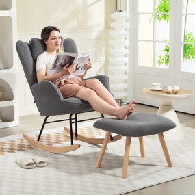 HOMCOM Houpací křeslo s podnožkou, měkký fleecový potah, dřevěné nohy, polštář, vysoké opěradlo, houpací křeslo, tmavě šedá