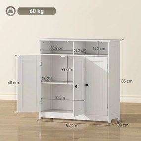 HOMCOM úzká koupelnová skříňka se 3 dveřmi, 2 otevřenými přihrádkami, nastavitelnou policí, 85x30x85 cm, bílá