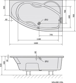 Polysan Polysan, MAMBA R asymetrická vana 160x95x44cm, bílá, 28111
