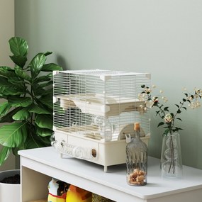 Kotec pro křečky PawHut se 2 patry a 3 dveřmi s kolem, podestýlkou a hracími trubicemi, ocel, PS a PP, 44,5x28x44 cm, krémový a bílý