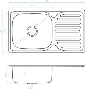 Kuchinox Orion, 1-komorový nerezový dřez 760x420x180 mm s odkapávačem, hladký dekor, ocelová, LAV-SKO_011T