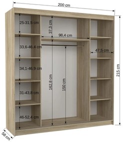 Šatní skříň s posuvnými dveřmi Santiago - 200 cm Barva: Černá/Dub