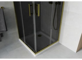 Mexen Rio, čtvercový sprchový kout s posuvnými dveřmi 70 (dveře) x 70 (dveře) x 190 cm, 5mm šedé sklo, zlatý profil + bílá sprchová vanička SLIM, 860-070-070-50-40-4010G