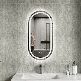 Erga Lyra, oválné LED zrcadlo 40x80cm, 3 barvy světla, přední a zadní osvětlení, vyhřívací podložka proti zapaření, ERG-V01-LYRA-4080-CL