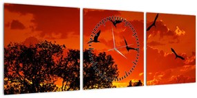 Obraz ptáků při západu slunce (s hodinami) (90x30 cm)