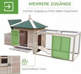 PawHut bantamový kurník s výběhem a hřady, zimní kurník z borovicového dřeva, hnízdní box pro křepelky, 196 x 76 x 97 cm | Aosom.de