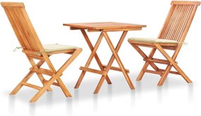 3dílný bistro set s krémovými poduškami masivní teakové dřevo 3063227