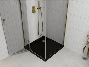 Mexen Roma, sprchový kout s křídlovými dveřmi 80 (dveře) x 80 (stěna) cm, 6mm čiré sklo, zlatý profil + slim sprchová vanička černá + zlatý sifon, 854-080-080-50-00-4070G
