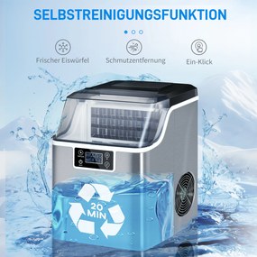 HOMCOM Výrobník kostek ledu, 20 kg/24h 2,3 l, s nádržkou na vodu 3,2 l, automatický čisticí program, nerezová ocel, 25,2 x 36 x 37,1 cm, stříbrná| Ao…