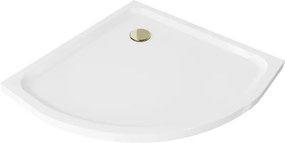 Mexen Flat, čtvrtkruhová akrylátová sprchová vanička 100x100x5 cm SLIM, bílá, zlatý sifon, 41101010G