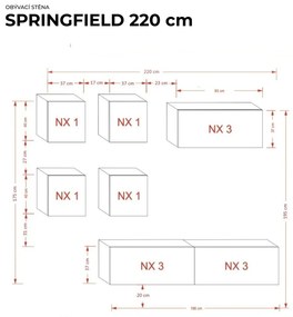 Ral Obývací stěna SPRINGFIELD 2, 220 cm - Černý lesk