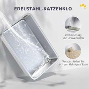 Podestýlka PawHut, kočičí toaleta s víkem, nerezová vanička, vestavěný filtr na stelivo, lopatka na stelivo součástí balení, pro kočky do 6 kg, bílá