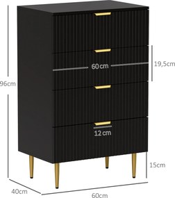 HOMCOM komoda se 4 zásuvkami, ložnicová komoda, moderní úložný nábytek s úchyty a zlatými nohami, rozměry 60 x 40 x 96 cm, černá