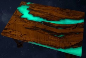 Konferenční stůl PLANETÁRIUM ze špaltovaného buku a fluorescenční  epoxidové pryskyřice 96x59