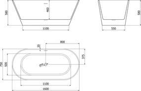 Mexen Flavia, volně stojící vana 160 x 75 cm, bílá-černá, zlatý matný přepad, 54031608075-55