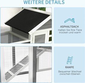 Klec pro králíky PawHut z borovicového dřeva 122 x 62,6 x 92 cm – vnitřní a venkovní, s odnímatelným dnem a rampou, šedá + černá + bílá