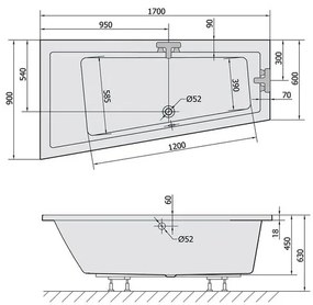 Polysan Andra Slim Asymetrická vana 170x90x45 cm, levá - bílá 81111S