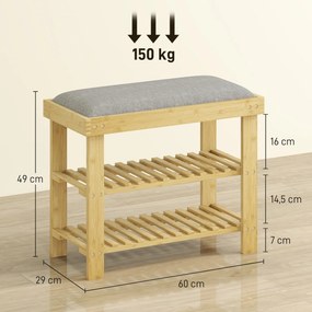 HOMCOM Bambusová botníková lavice s měkkým sedákem, 2 police pro 6 párů bot do předsíně nebo ložnice 60x29x49 cm Přírodní a šedá