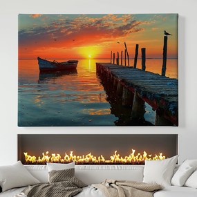 Obraz na plátně - Staré molo s loďkou při západu slunce FeelHappy.cz Velikost obrazu: 120 x 80 cm